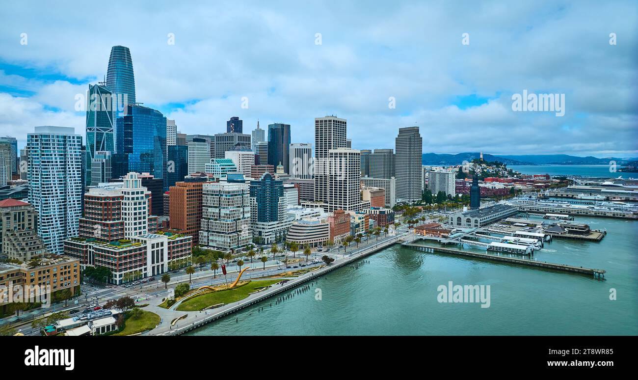 San Francisco city aerial The Embarcadero bayside view with docs and ...