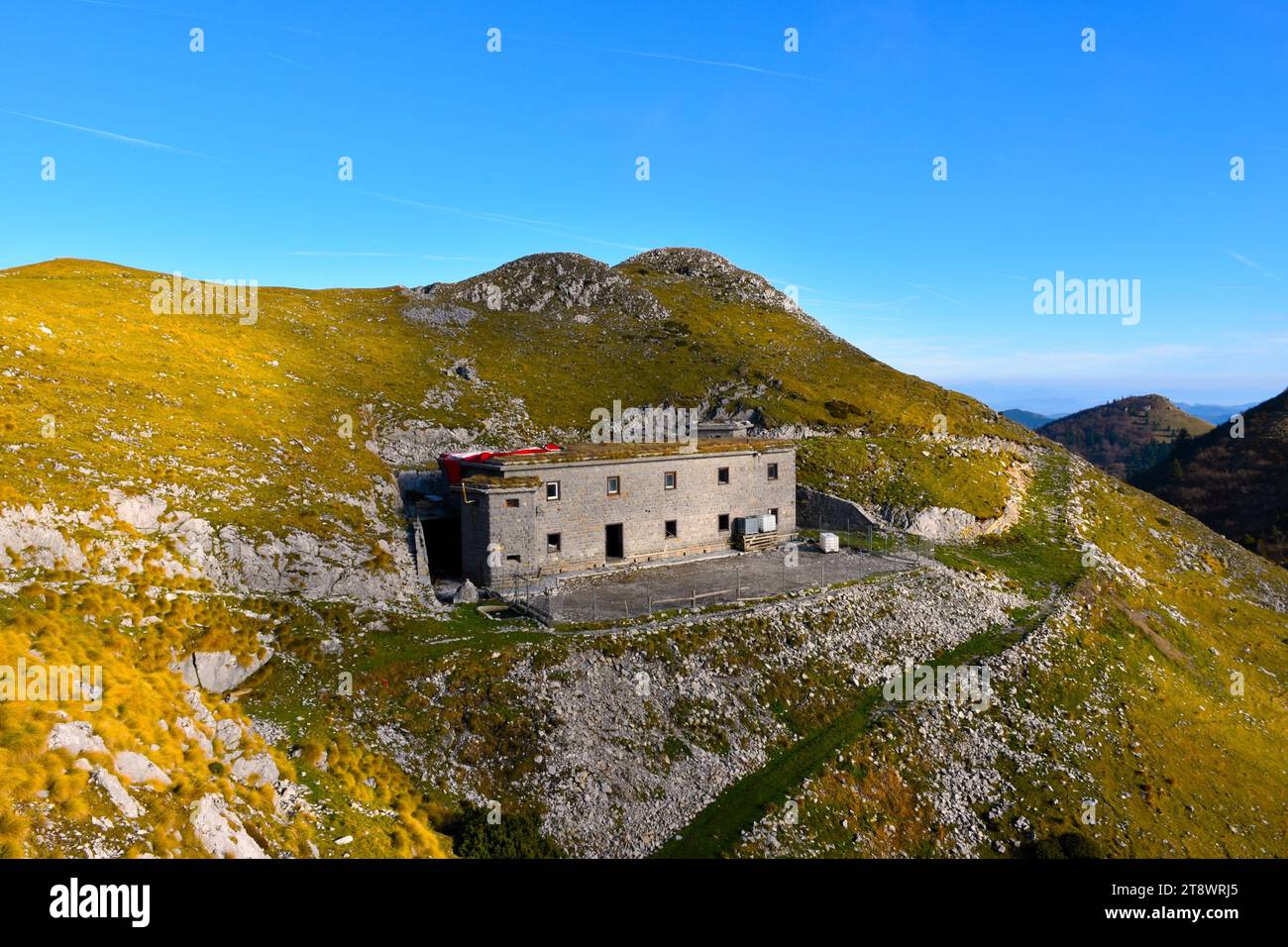 Old barrack of the Alpine wall at Mozic mountain above Soriska planina ...