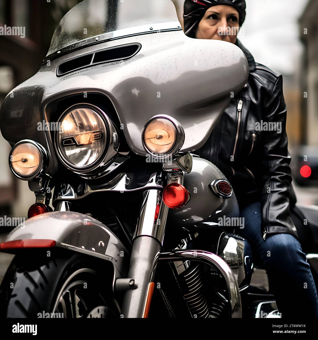 An individual wearing a protective helmet and leather jacket is taking ...