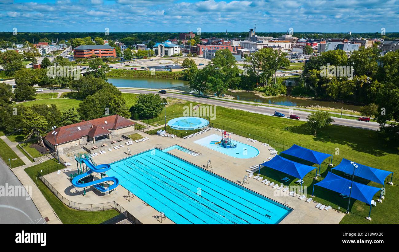 Tuhey Pool recreation with waterslide and splashpad aerial of Muncie ...
