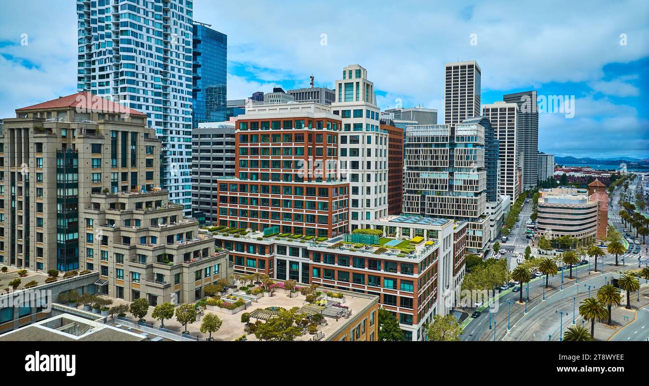 Aerial multiple San Francisco, CA skyscraper buildings architecture ...