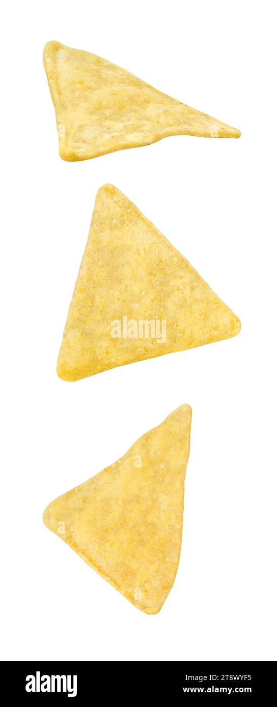Nachos triangular, three falling, hanging, flying, soaring isolated on ...