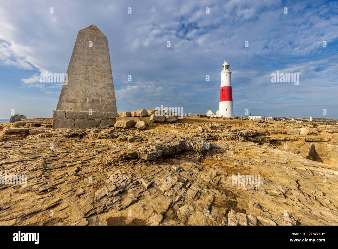 The obelisk and lighthouse at Portland Bill on the Isle of Portland ...