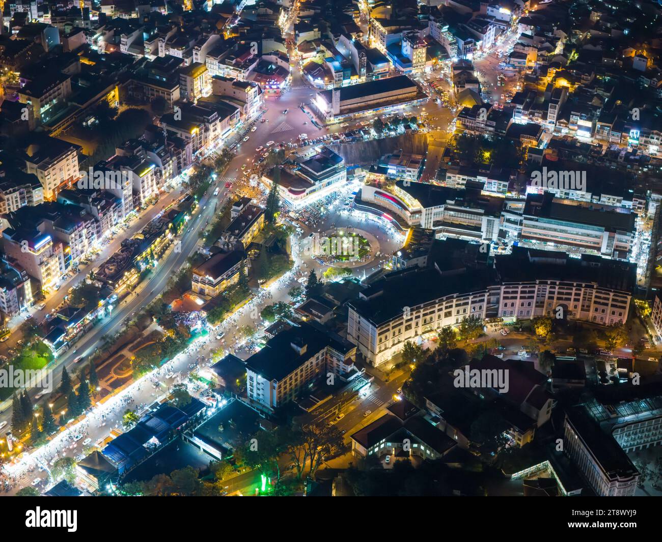 Aerial view of a Da Lat City with development buildings, transportation ...