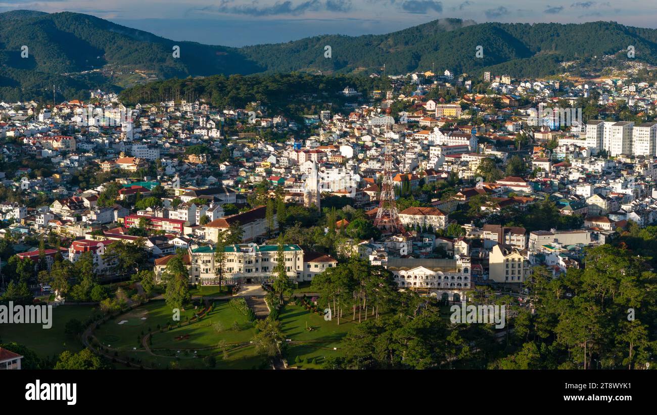 Aerial view of a Da Lat City with development buildings, transportation ...