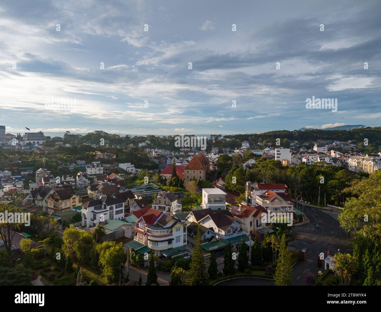 Aerial view of a Da Lat City with development buildings, transportation ...