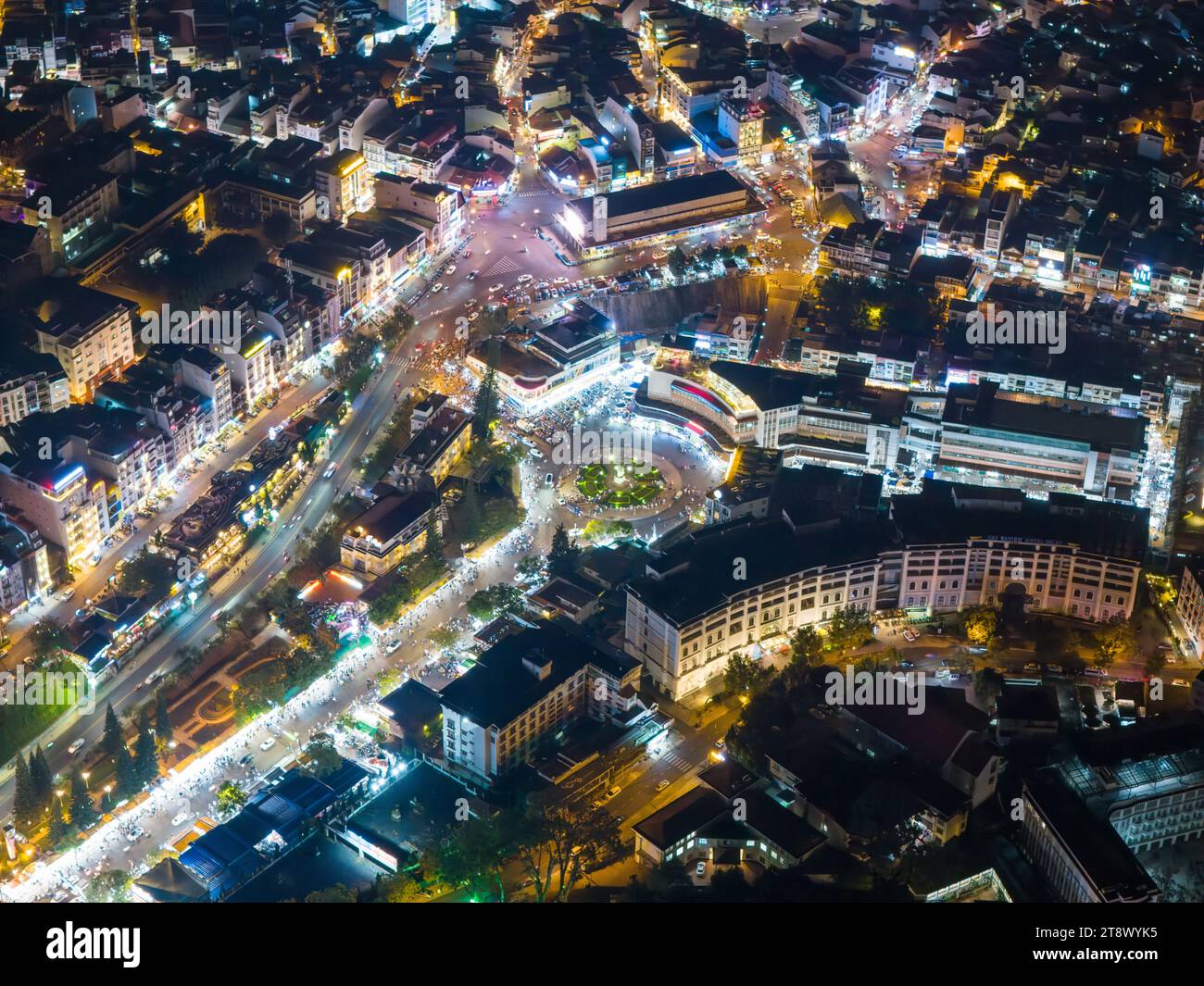 Aerial view of a Da Lat City with development buildings, transportation ...