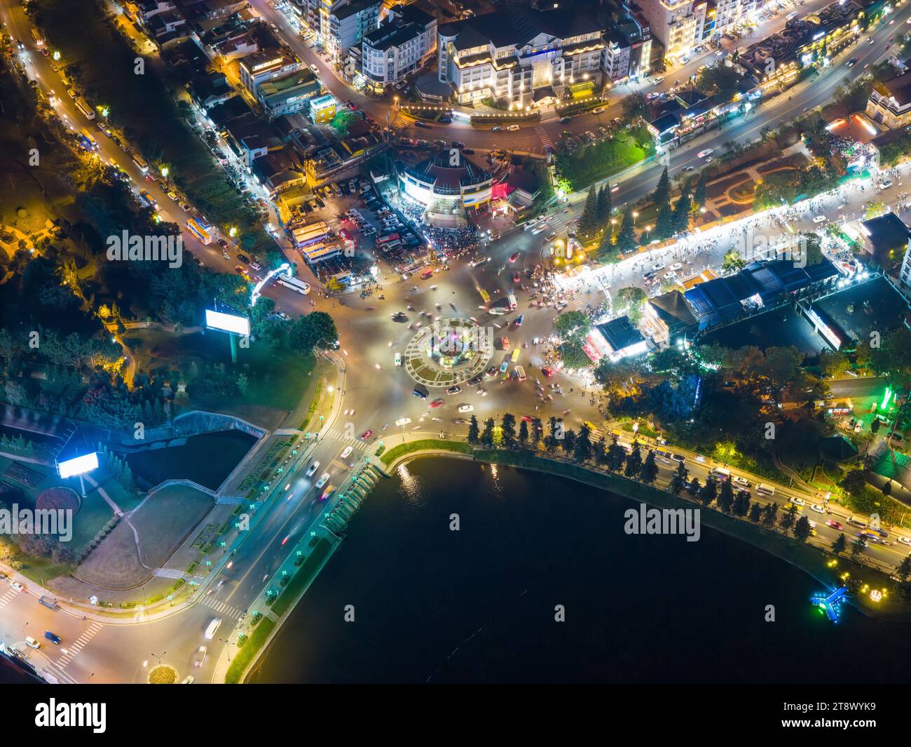 Aerial view of a Da Lat City with development buildings, transportation ...