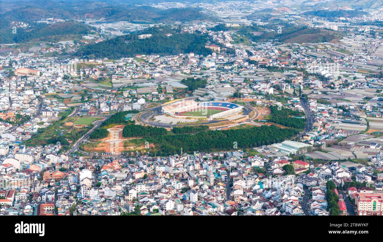 Aerial view of a Da Lat City with development buildings, transportation ...