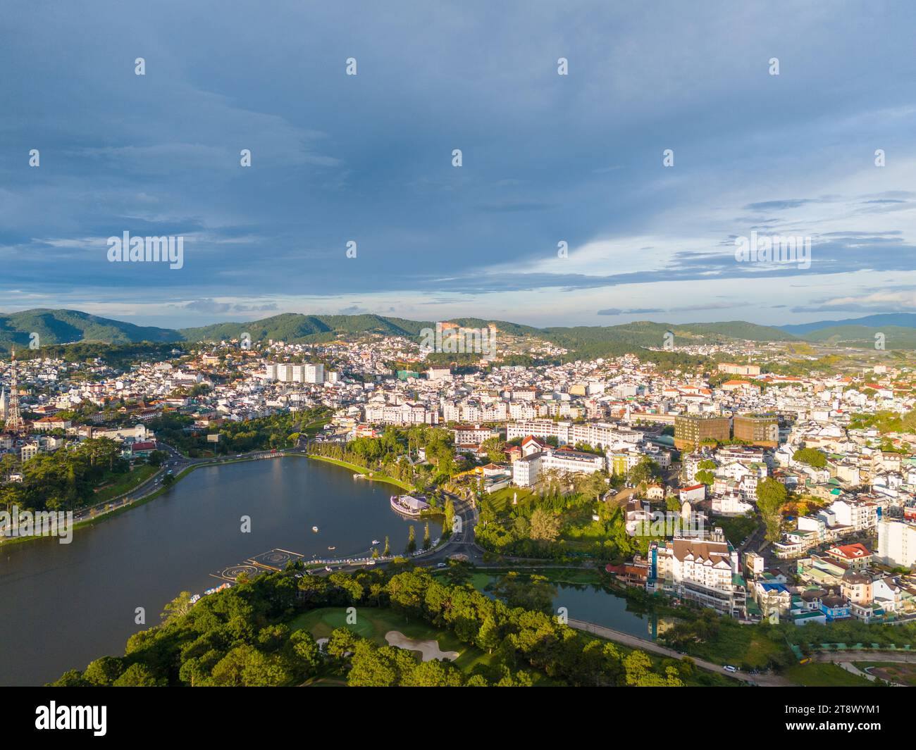 Aerial view of a Da Lat City with development buildings, transportation ...