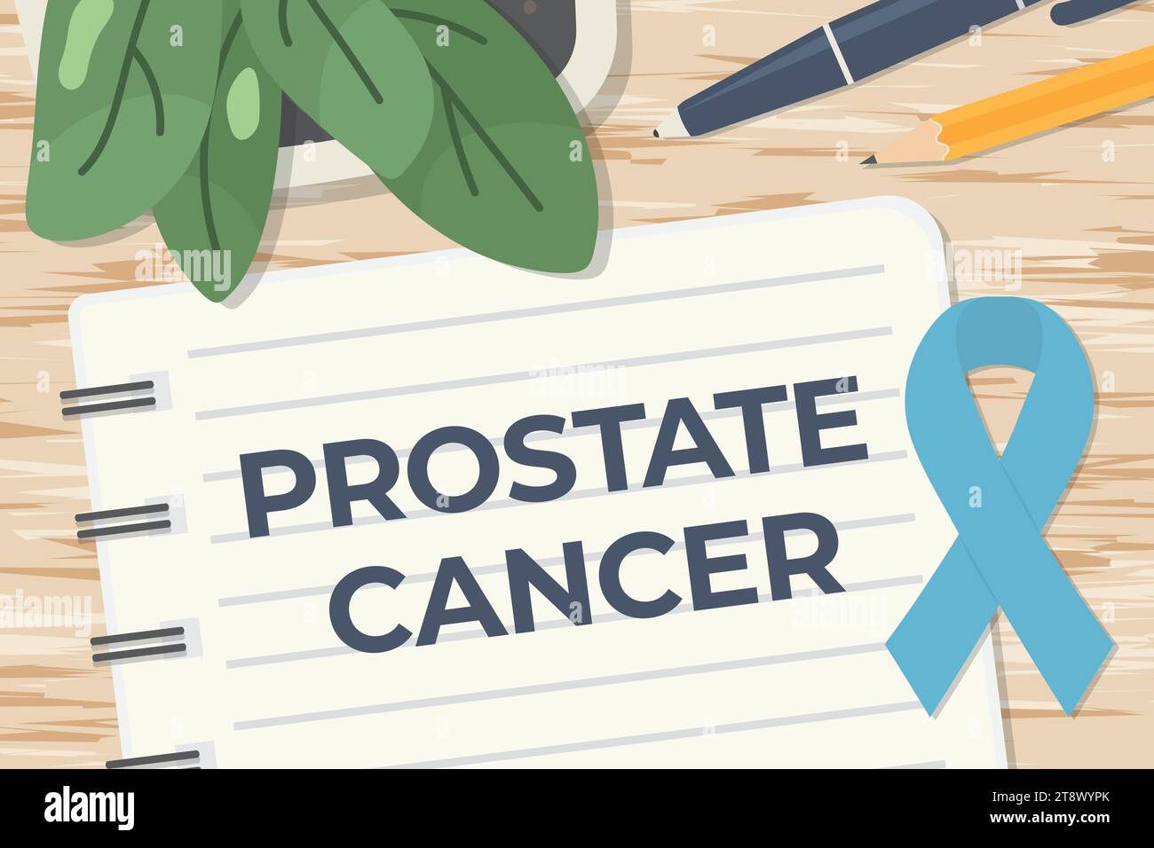 prostate cancer written in spiral notebook and blue ribbon as a symbol ...