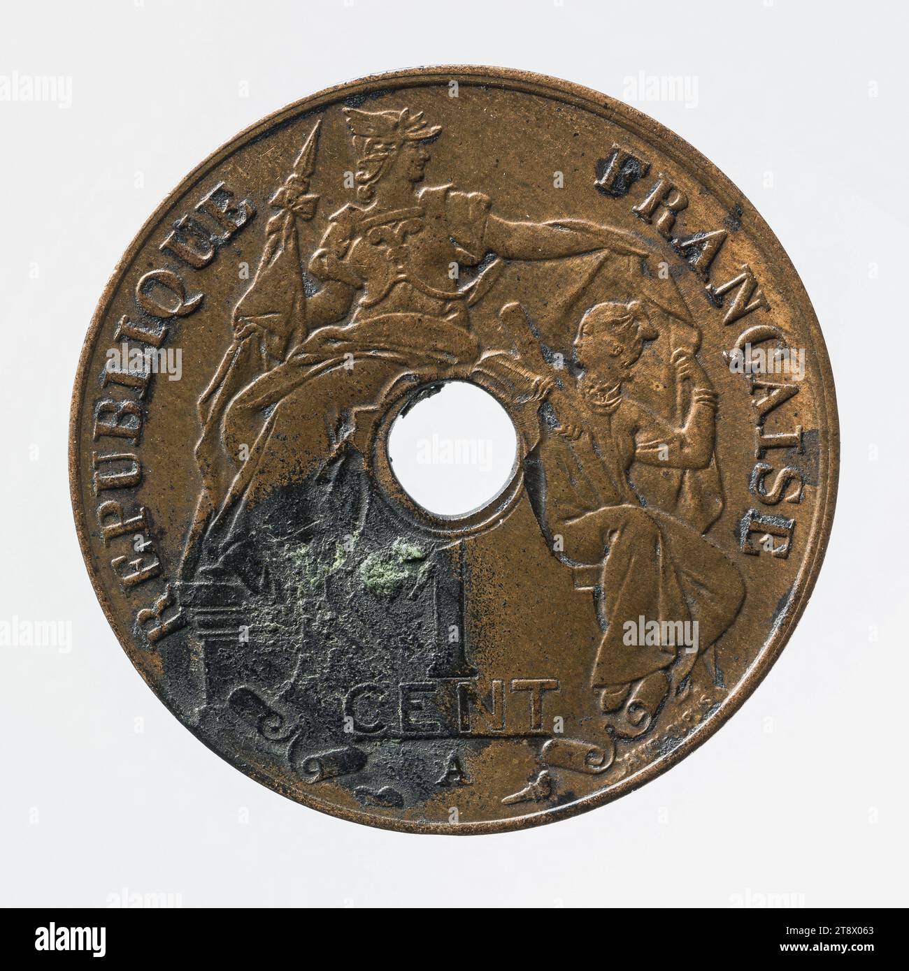 1 centime bronze coin from French Indochina, 1908, Daniel-Dupuis, Jean ...