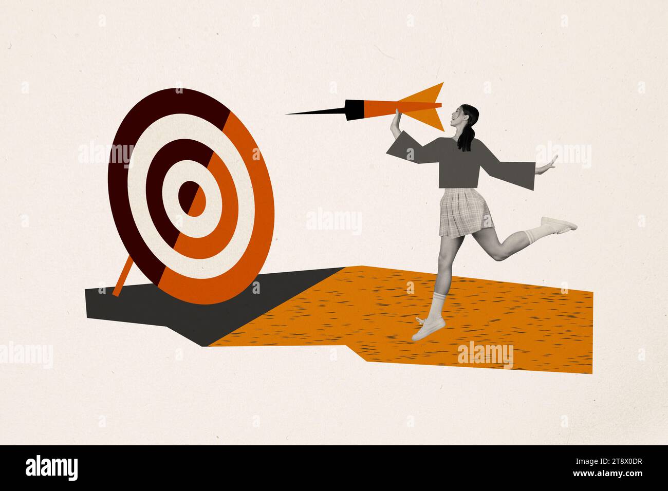 Picture collage sketch of successful woman throwing arrow playing darts ...