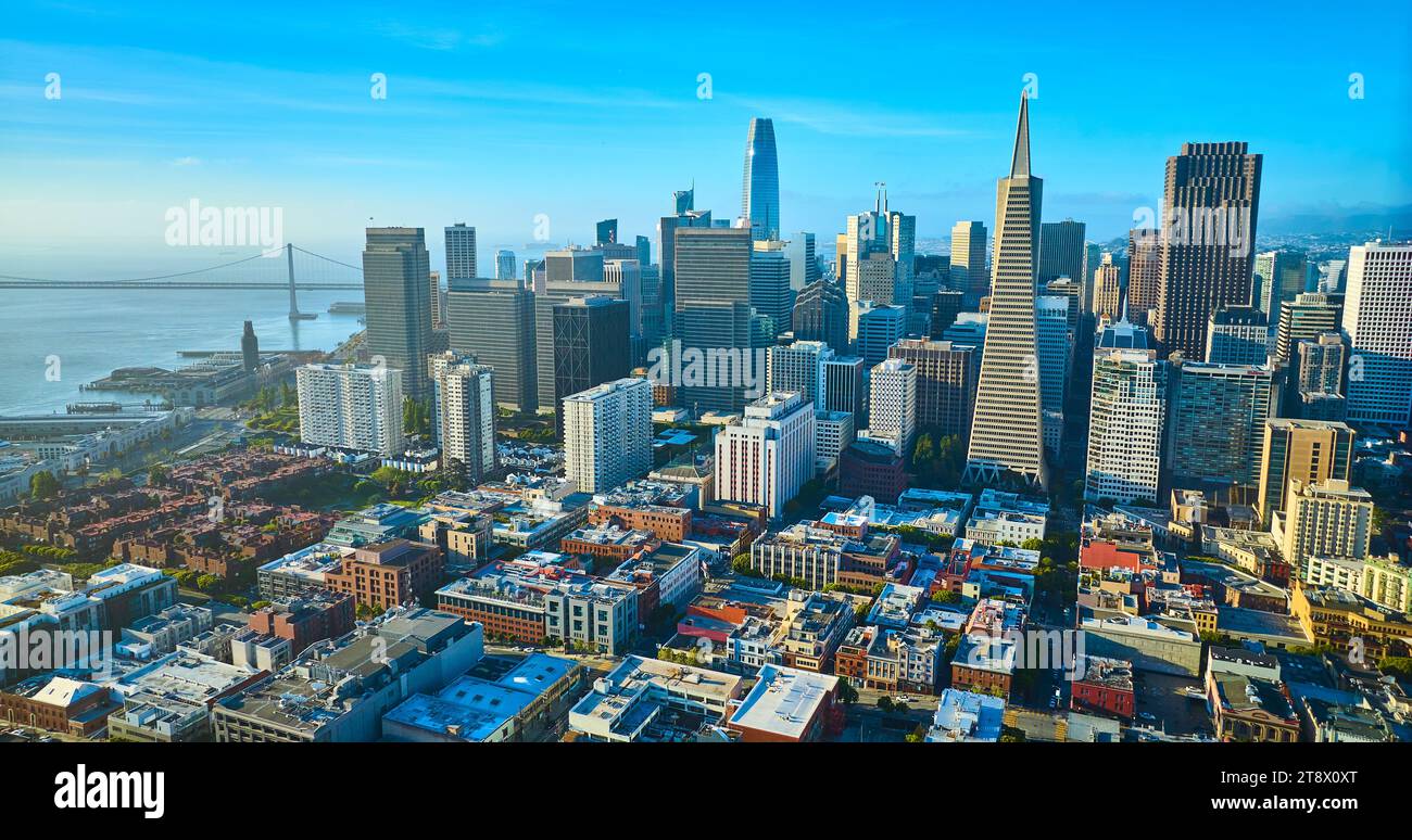 San Francisco sunset light on city aerial above buildings with ...