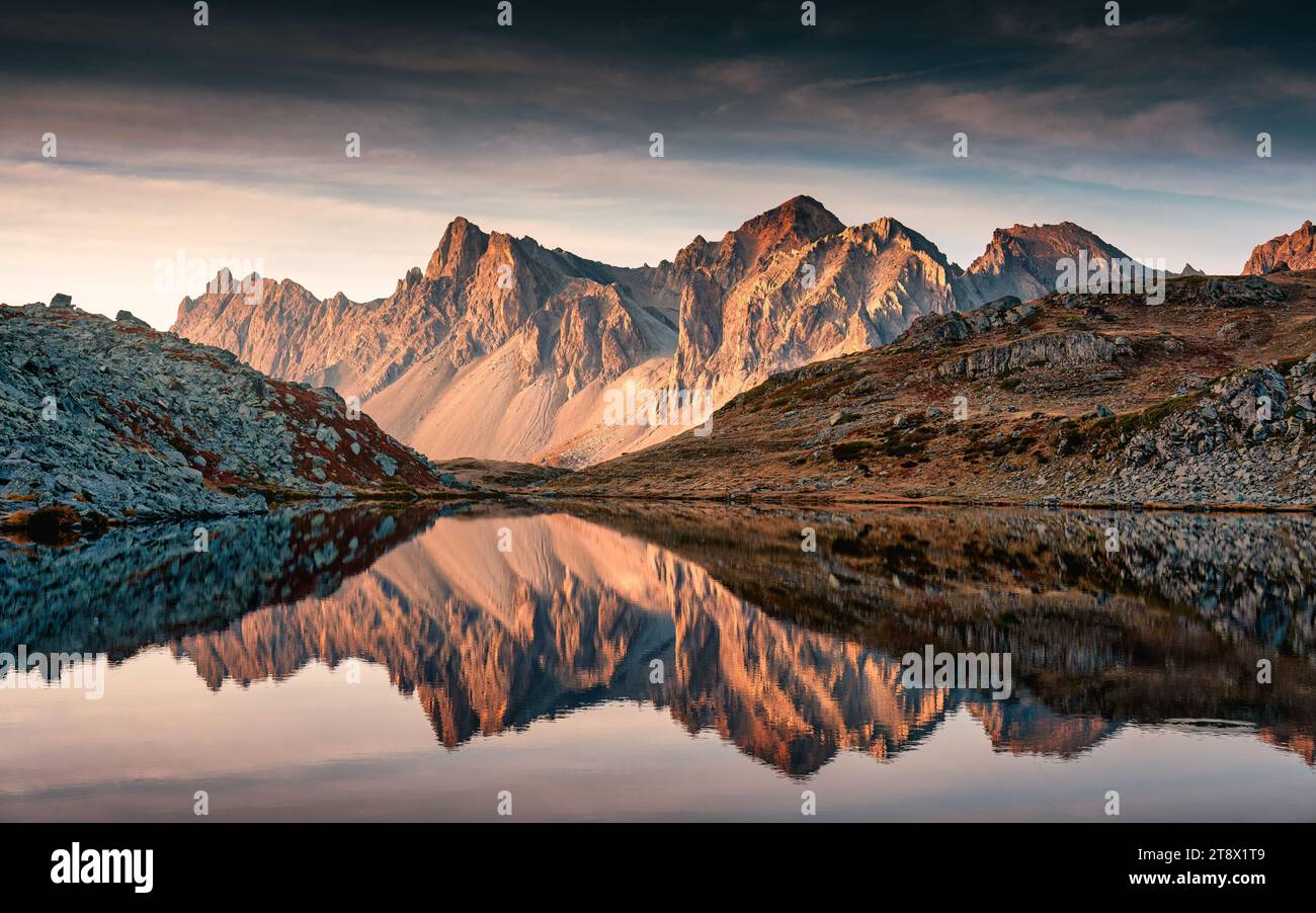 French alps landscape of Lac Long with massif Des Cerces reflection on ...