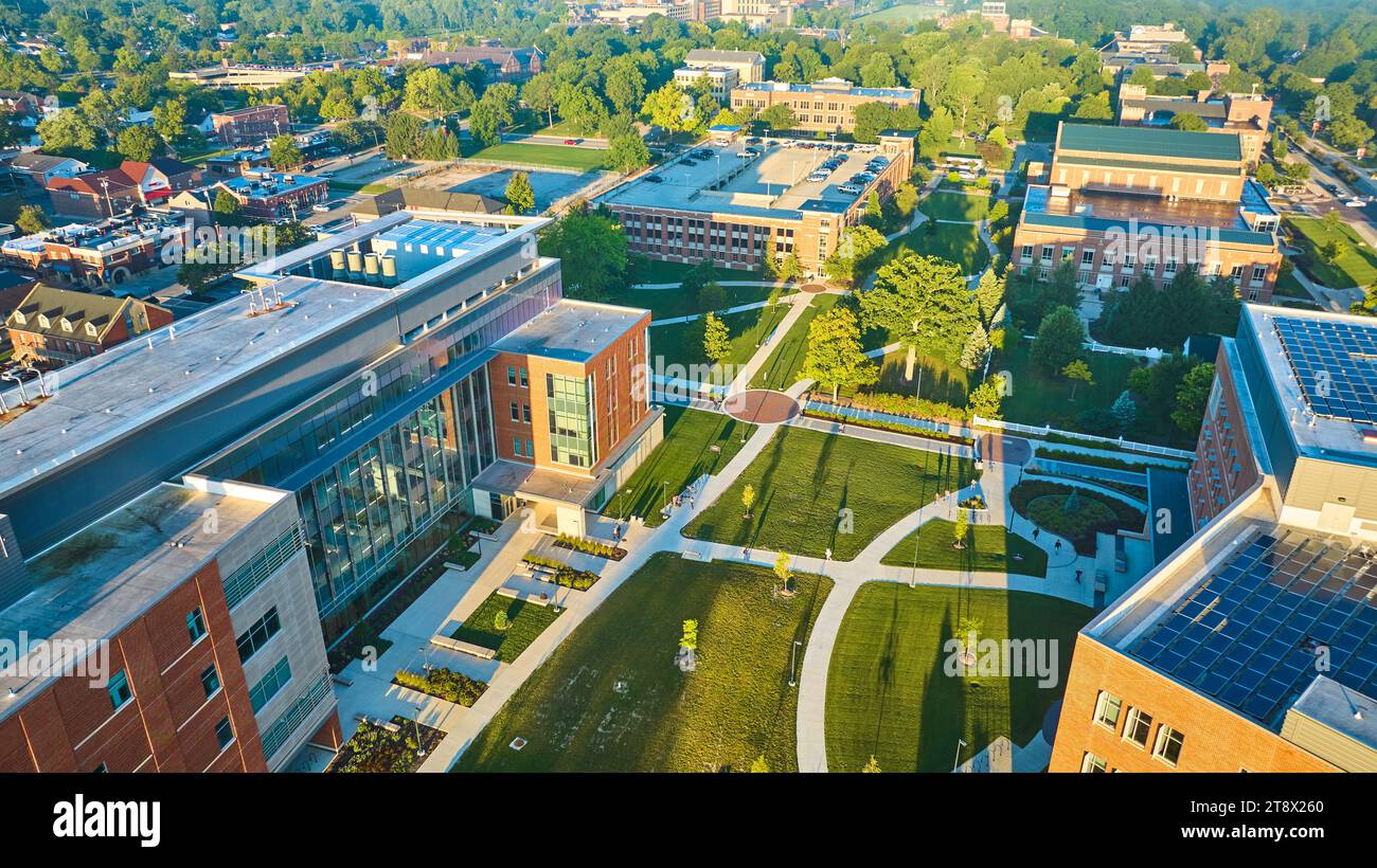 Ball State University sunrise lighting over campus buildings aerial ...