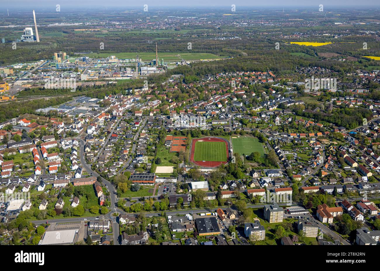 Aerial view, view of the town with Nordberg stadium and adjacent field ...