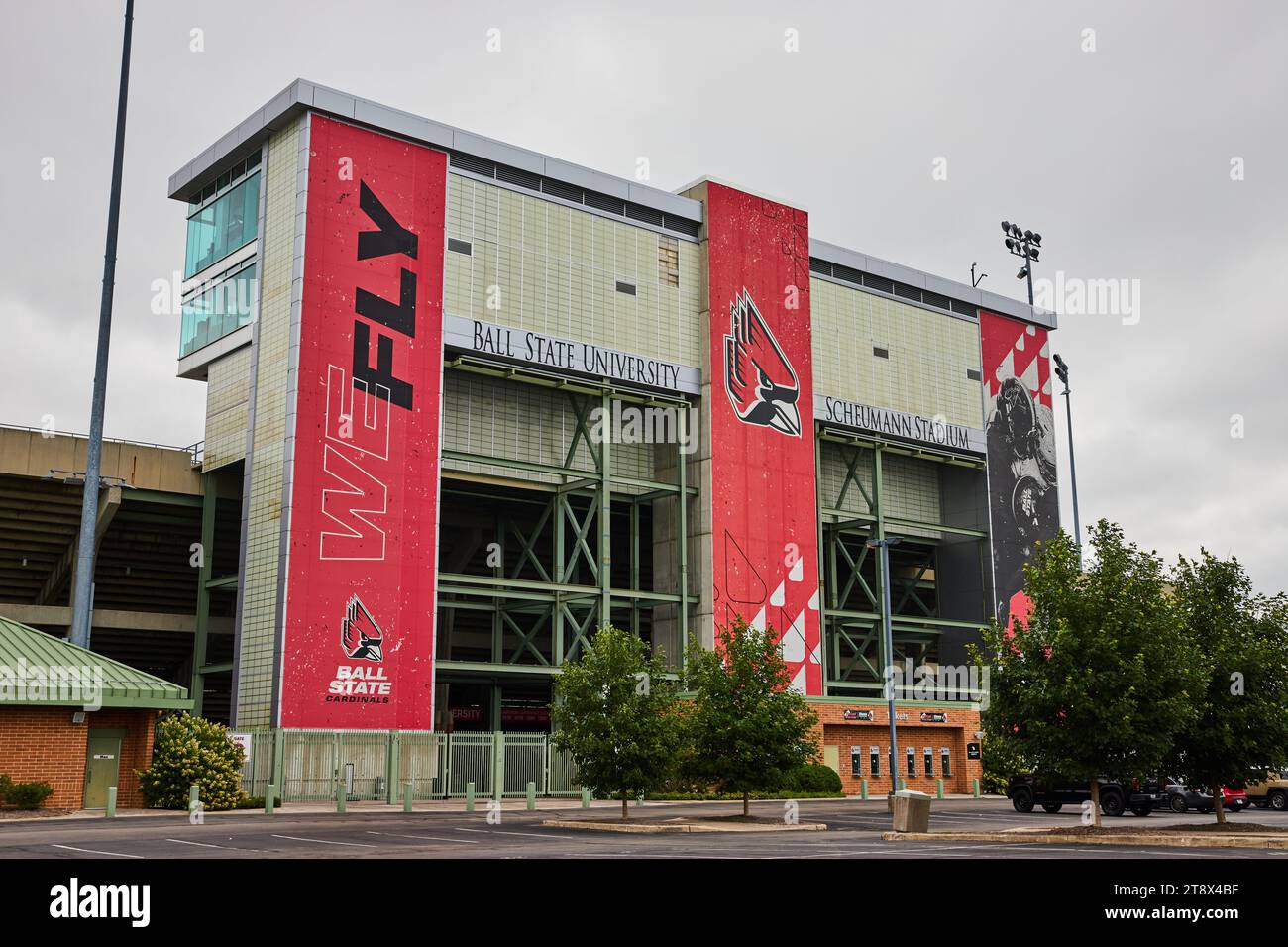 Scheumann Stadium with cardinal banners on side of building, summer in ...