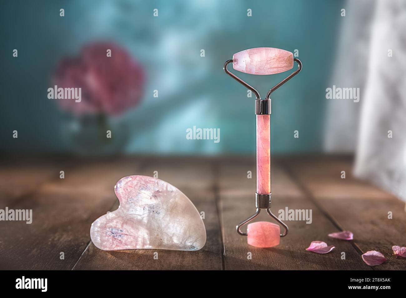Rose quartz gua sha massage scraper and face massage roller. Anti-aging ...