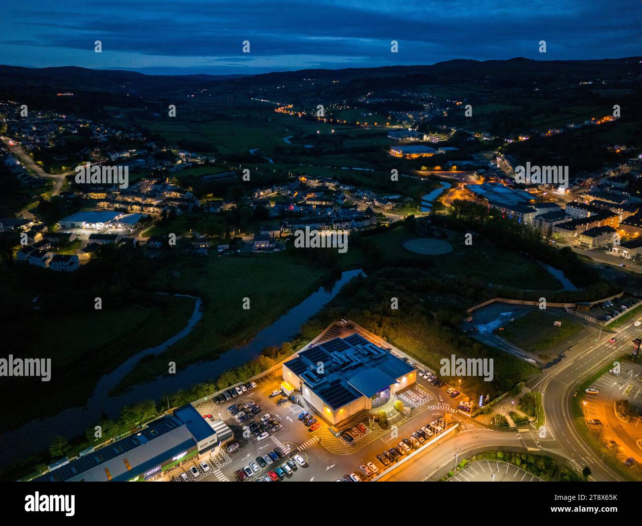 Aerial night view of the Letterkenny, County Donegal, Ireland Stock ...