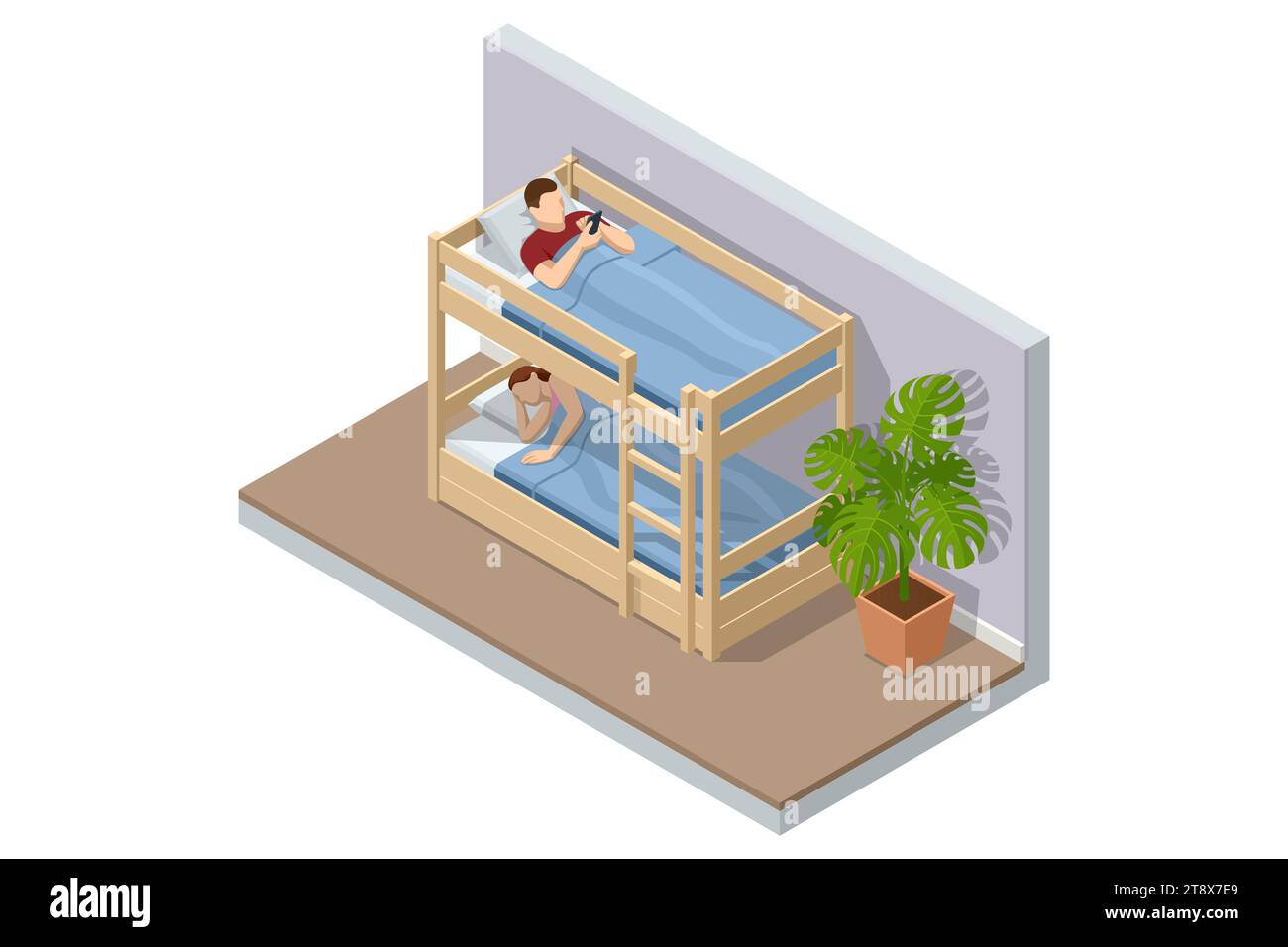 Isometric man and woman sleeping in two level bed at night. Hostel room ...