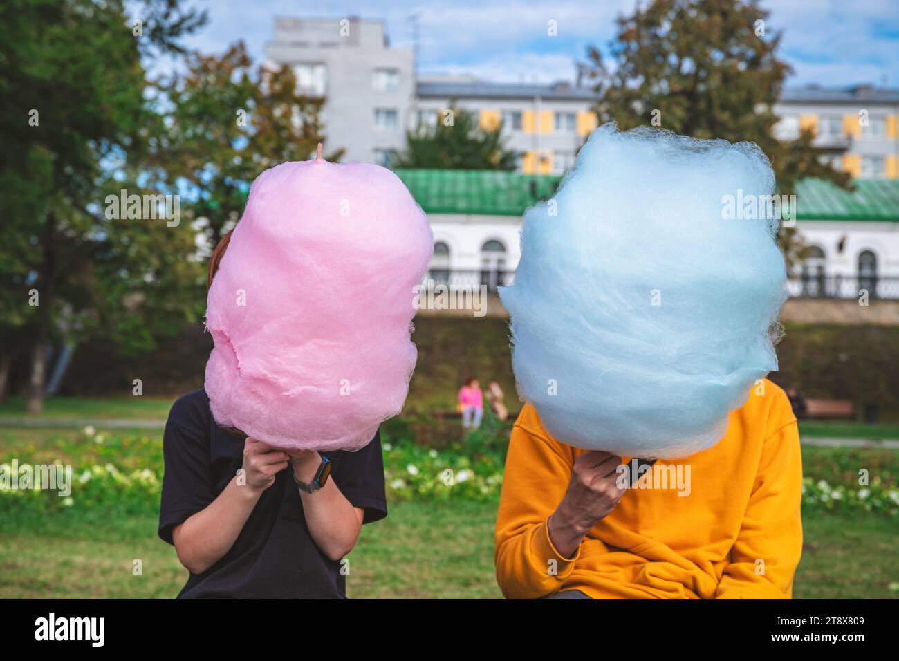 Two children are sitting with a large cotton candy blue and light blue ...