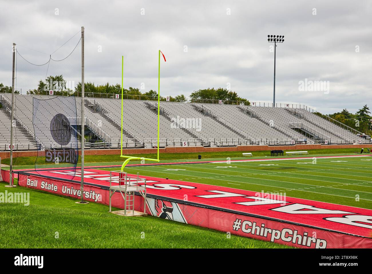 Empty bleachers and goal post, Ball State University Scheumann Stadium ...