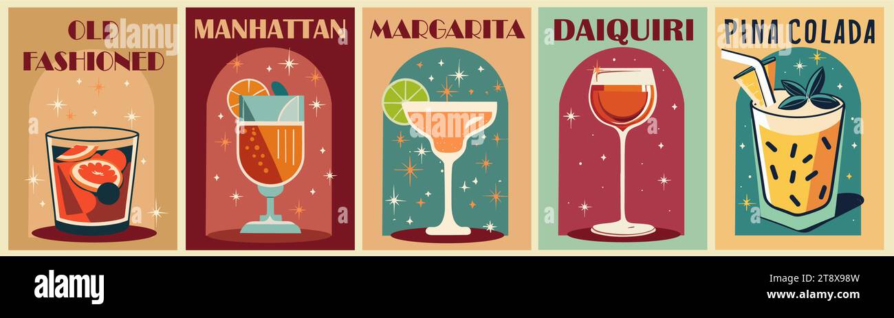 Cocktails Retro Poster Vector Illustration Art Set Stock Vector Image
