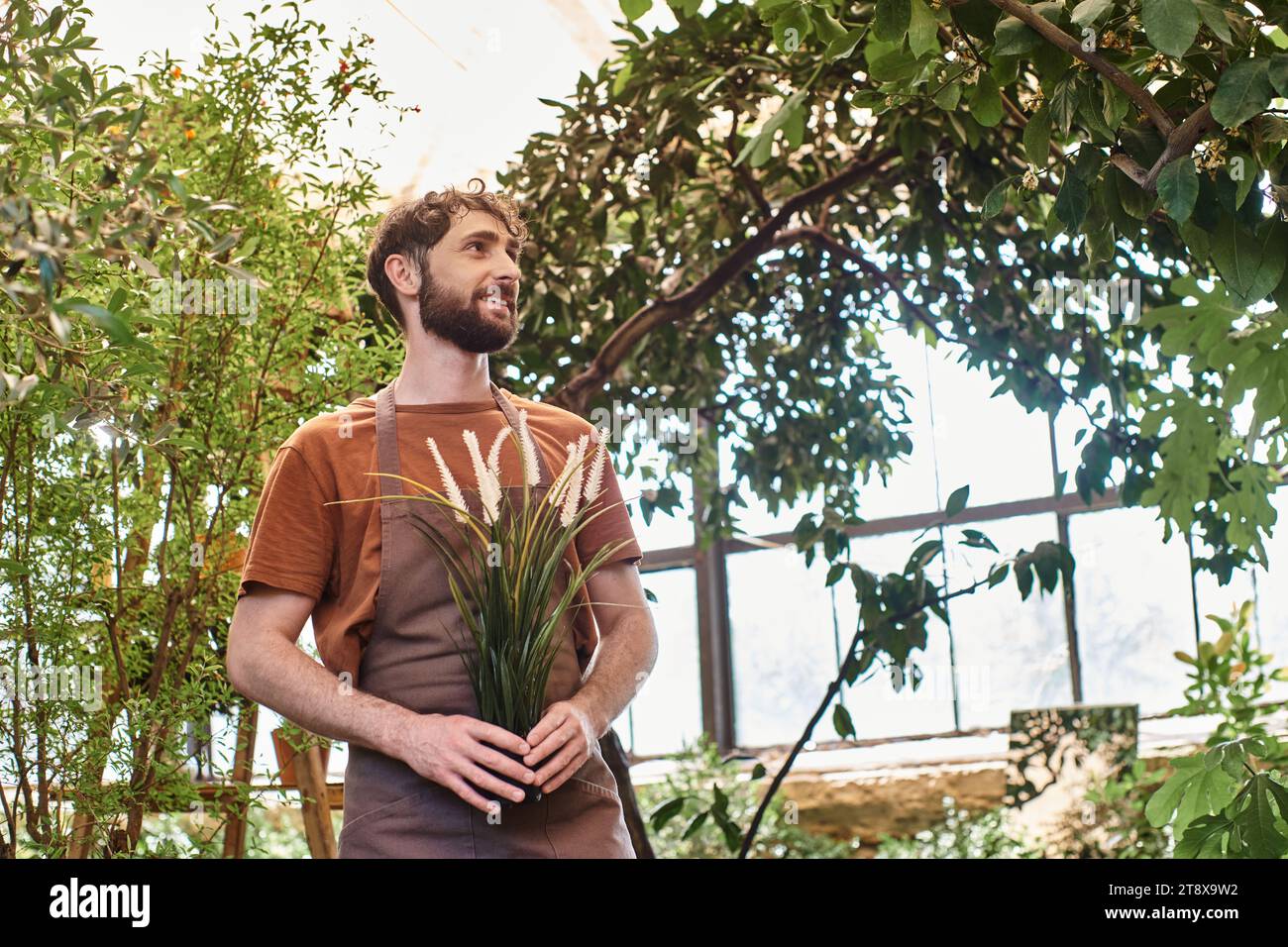 happy and good looking gardener in linen apron holding plant and ...