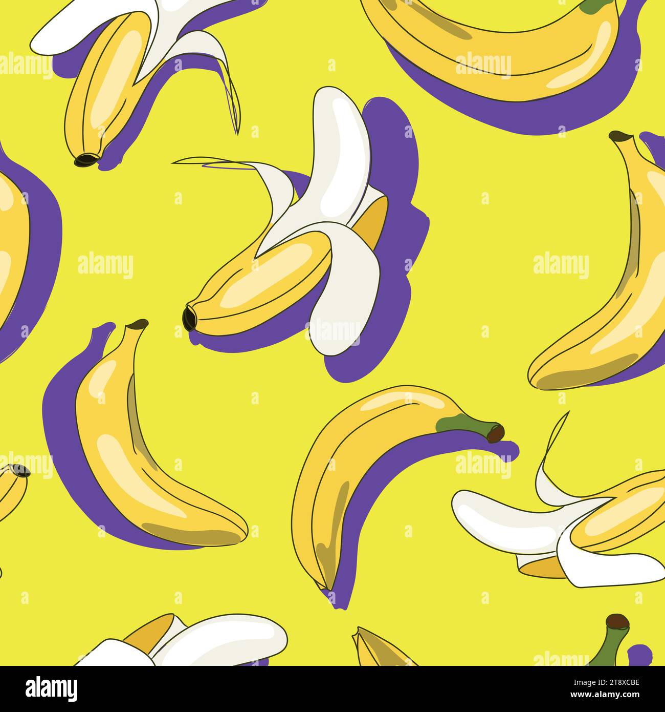 Bananas seamless pattern on yellow background with purple shadows in ...