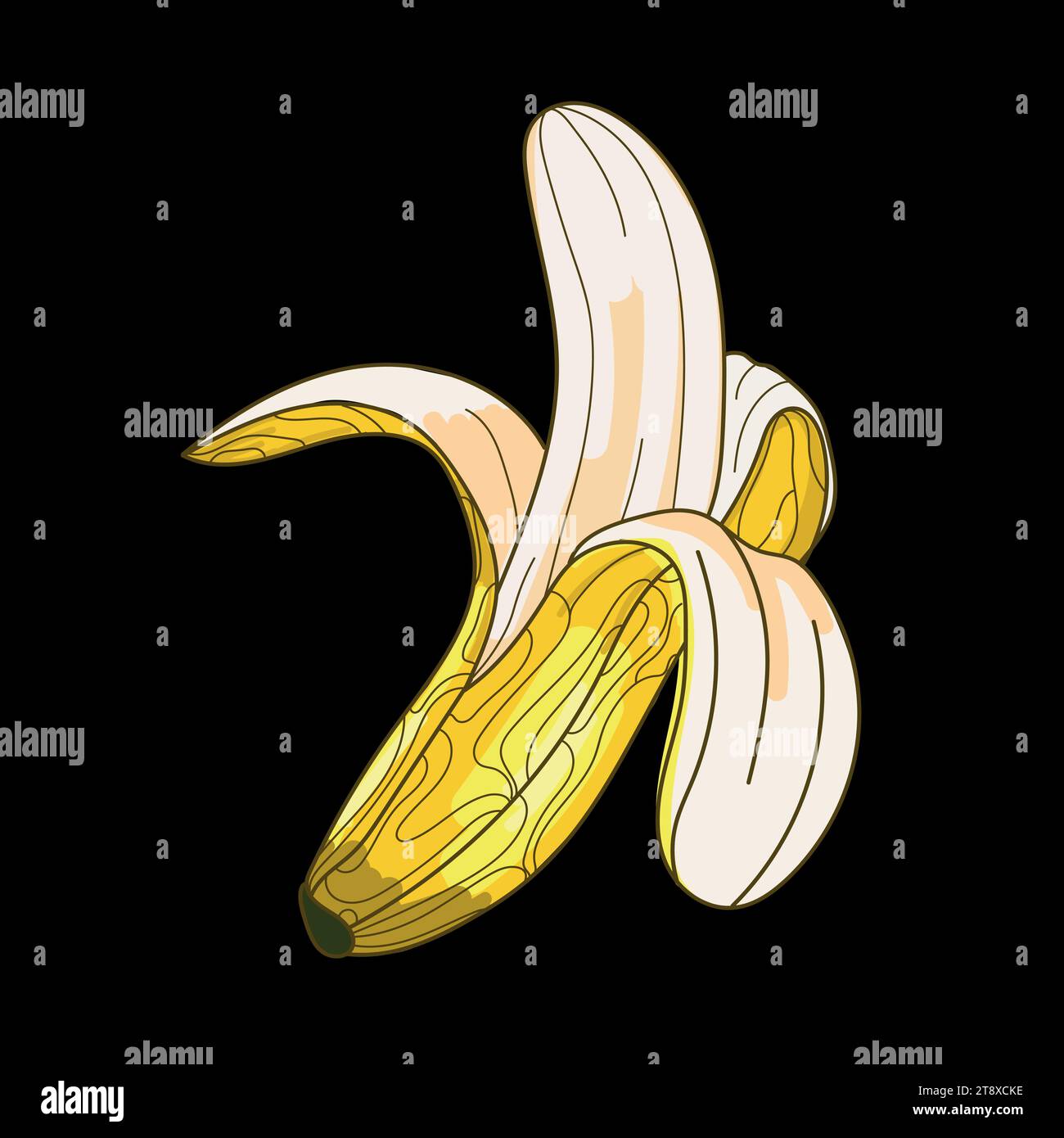 Open banana abstract art drawing on a black background. Half peeled banana vector illustration ...