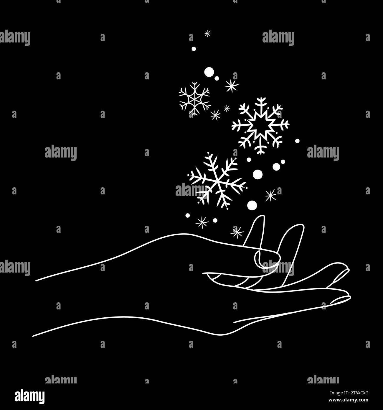 Snowflakes on a female hand Line art drawing on a black background ...