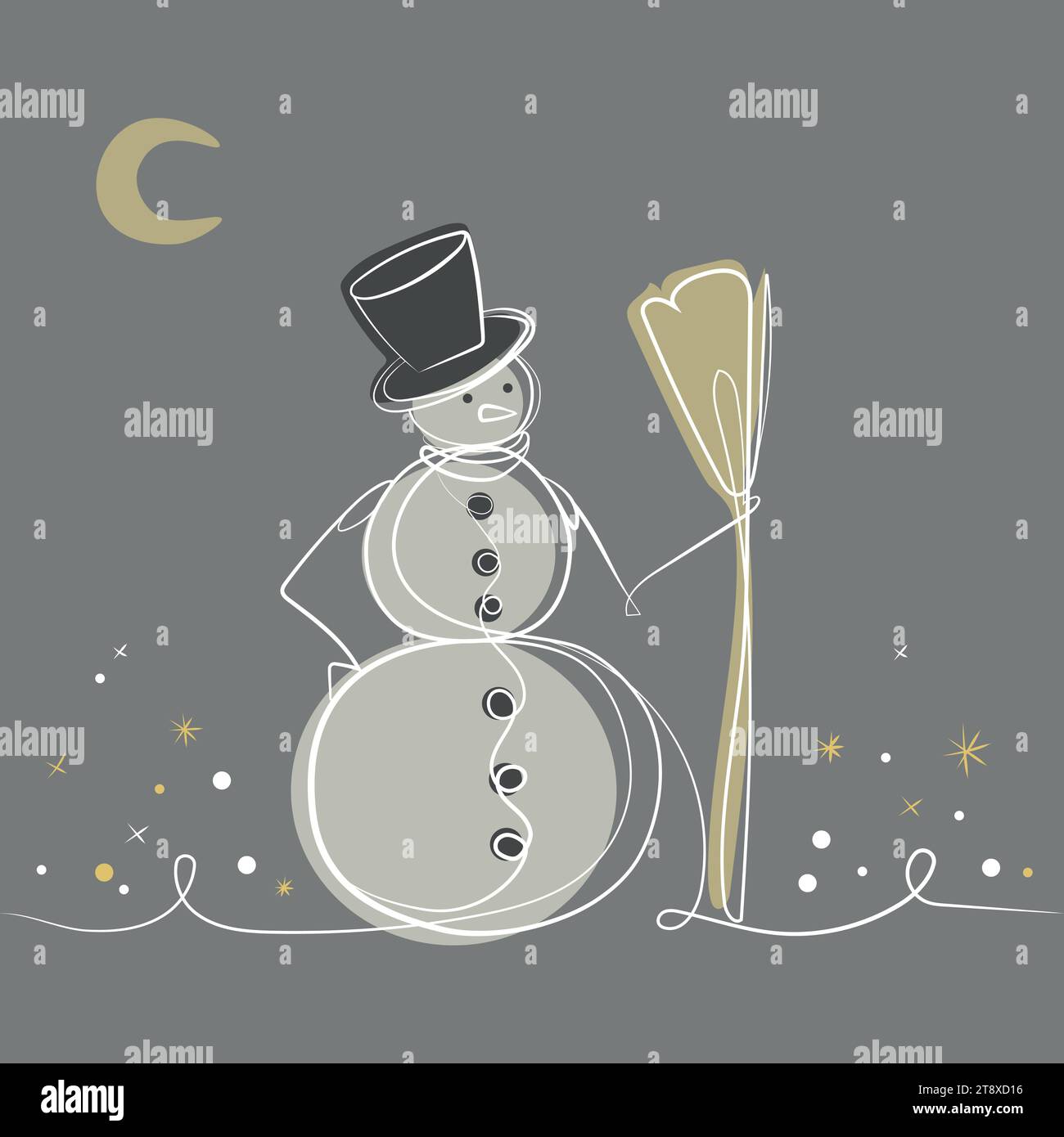 Snowman with broom and hat Trendy line drawing,poster Vector ...