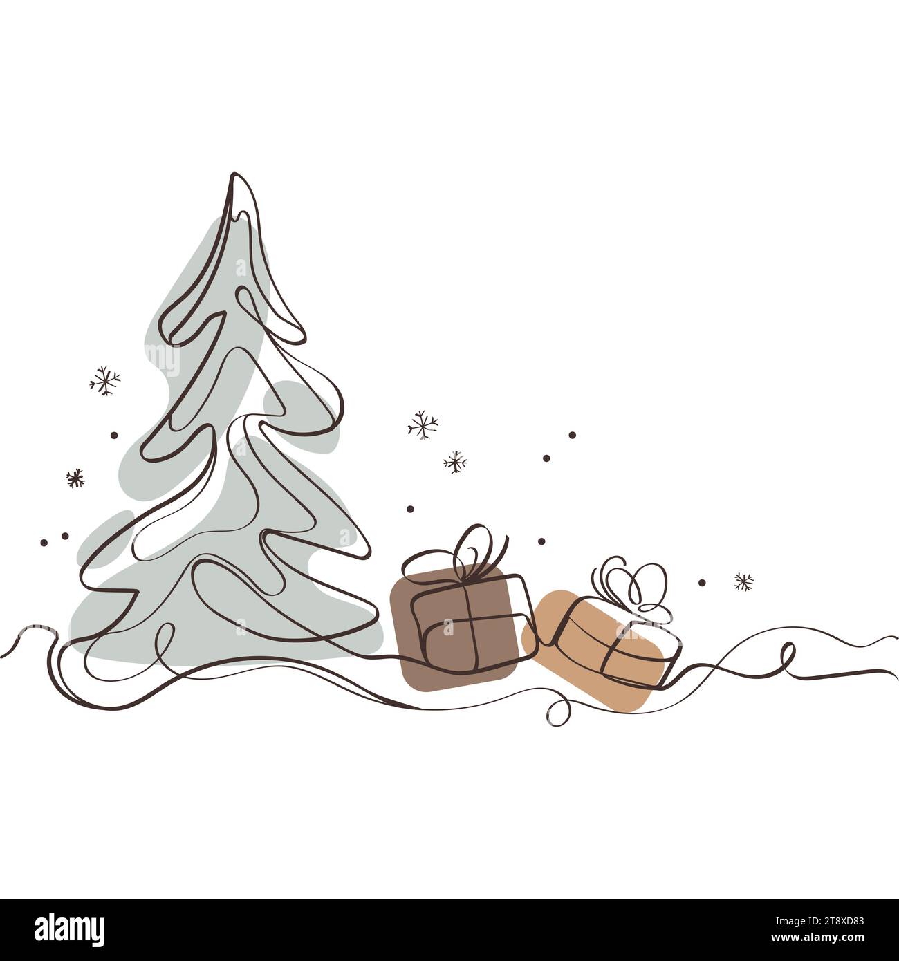 Continuous line christmas tree with gifts Minimal art drawing.Xmas and ...