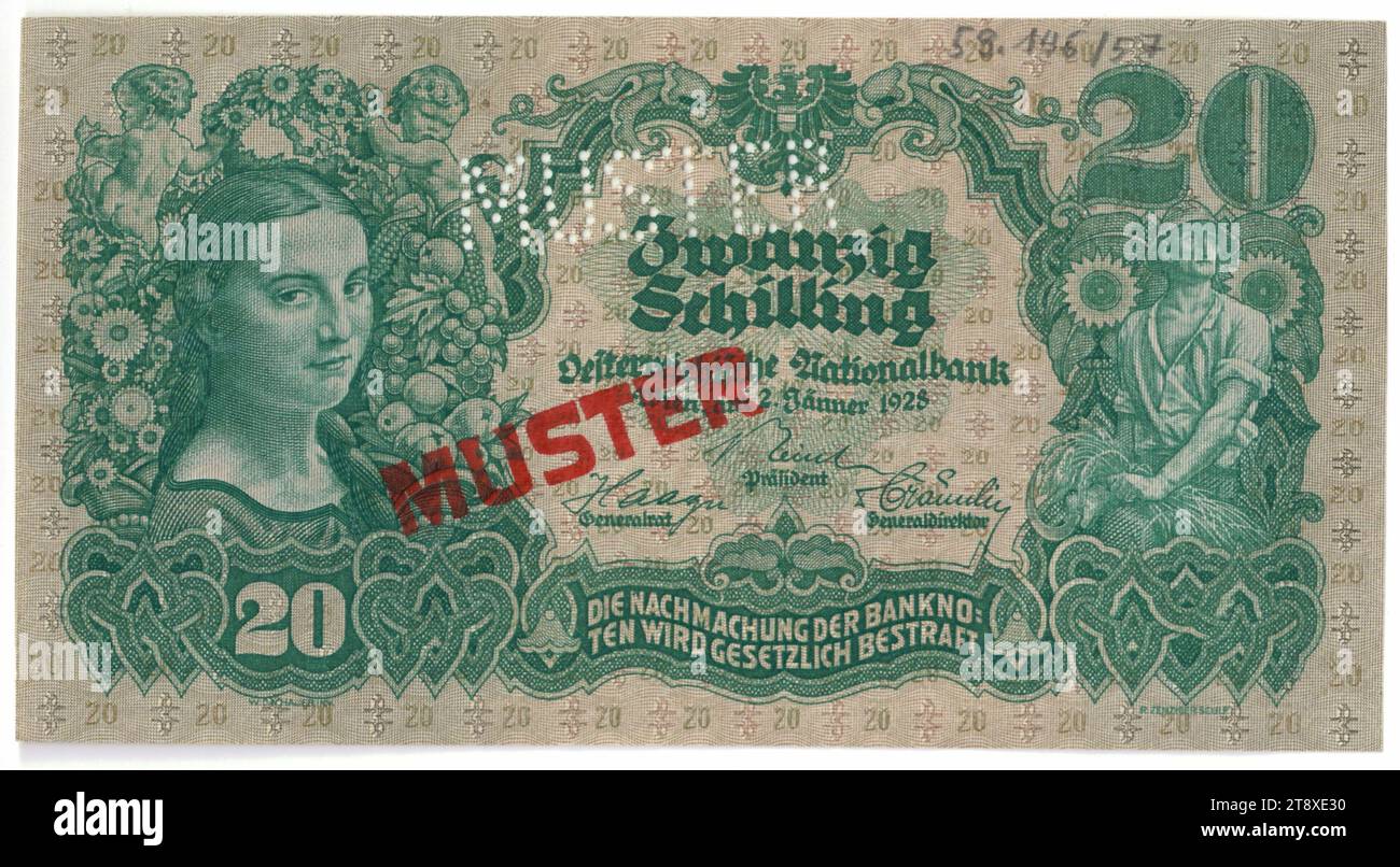 Banknote (specimen), 20 Schilling, Wilhelm Dachauer (1881-1951), Artist ...