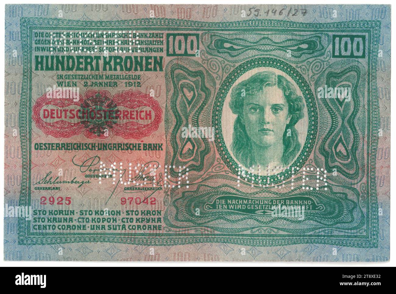Banknote (specimen), 100 Crowns, Austro-Hungarian Bank, mint authority ...