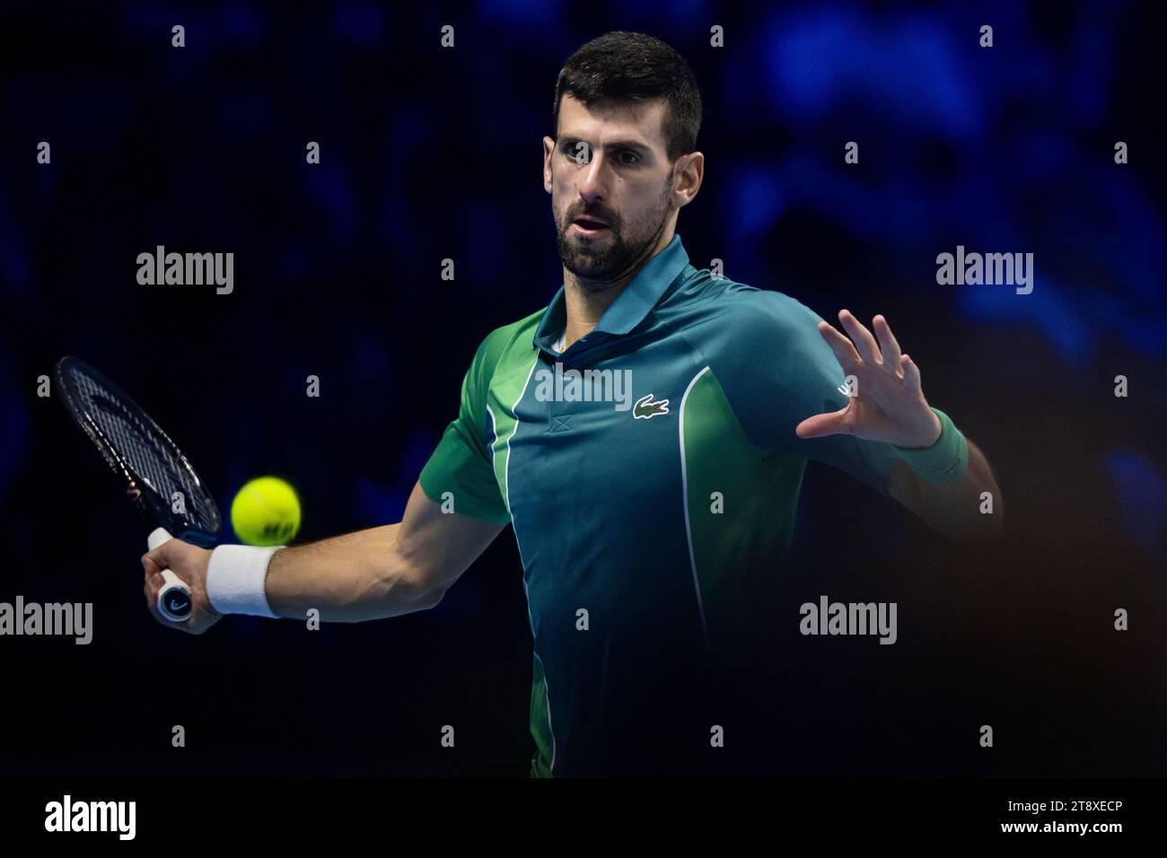 Turin, Italy. 21 November 2023. Novak Djokovic of Serbia plays a forehand during the final ...
