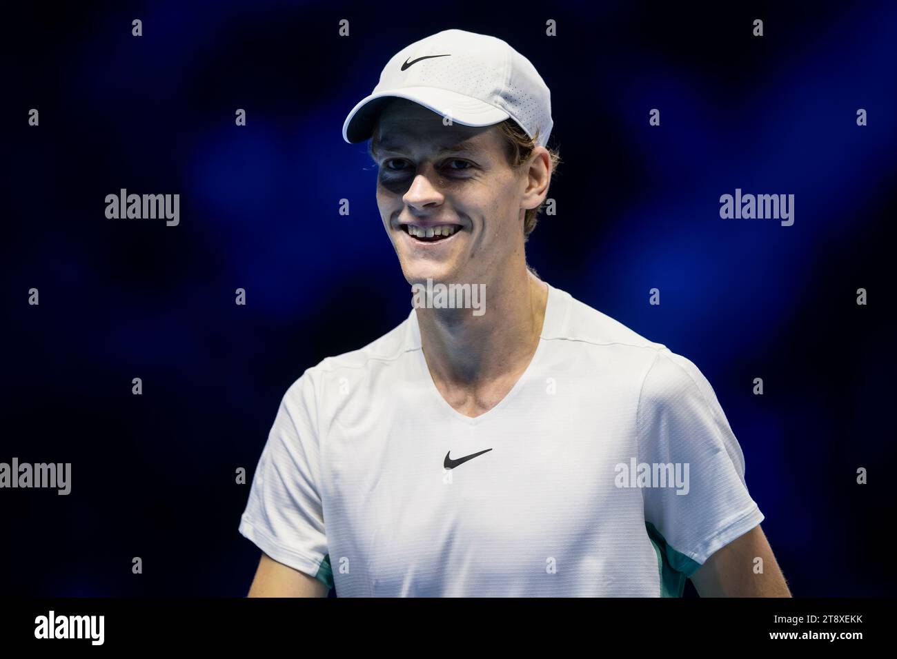 Turin, Italy. 21 November 2023. Jannik Sinner of Italy smiles during the final singles match ...