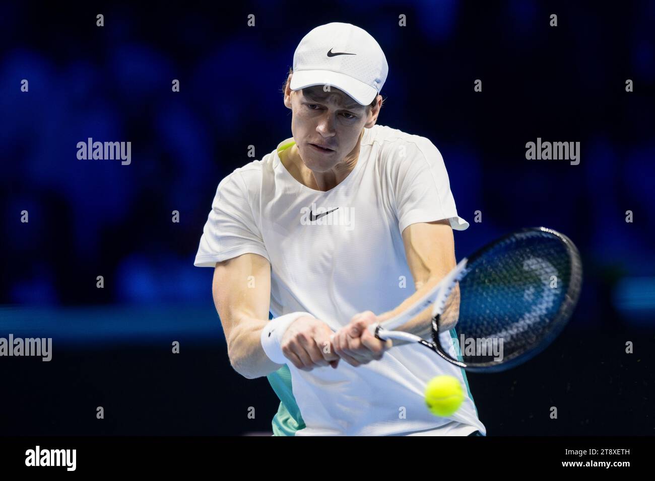 Turin, Italy. 21 November 2023. Jannik Sinner of Italy plays a backhand during the final singles ...