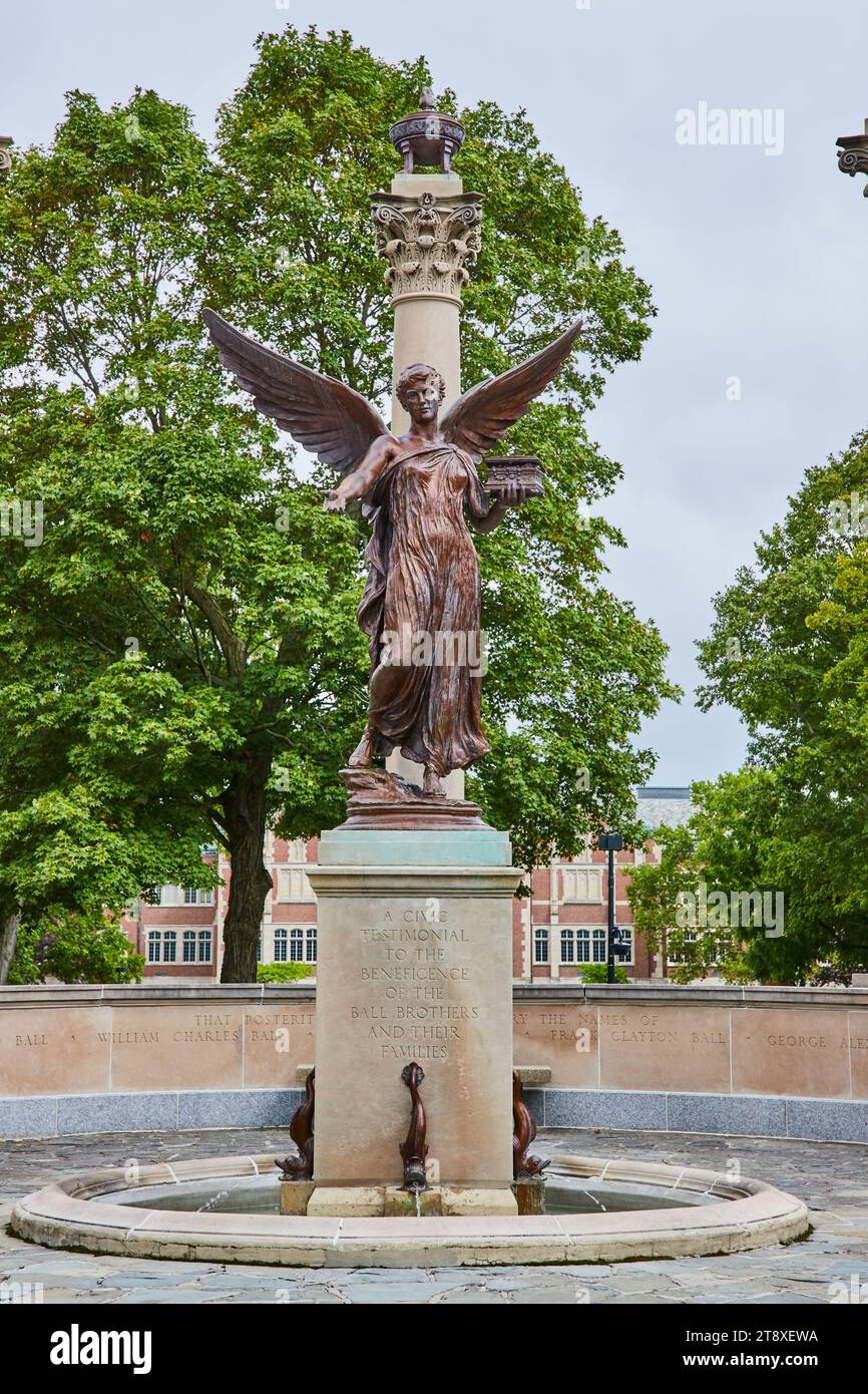Beneficence, Benny, bronze statue with fountain at Ball State ...