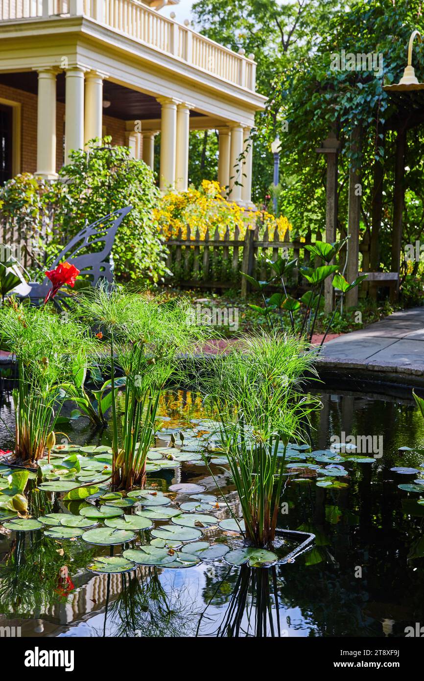 Pond of pool water with lily pads in front of building at Minnetrista ...