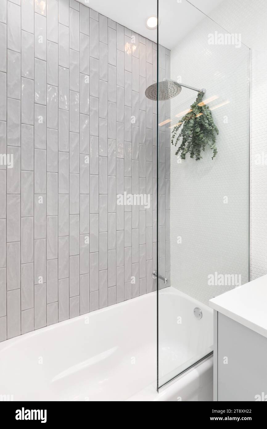 A shower detail with grey vertical subway tiles, white circular tiles ...