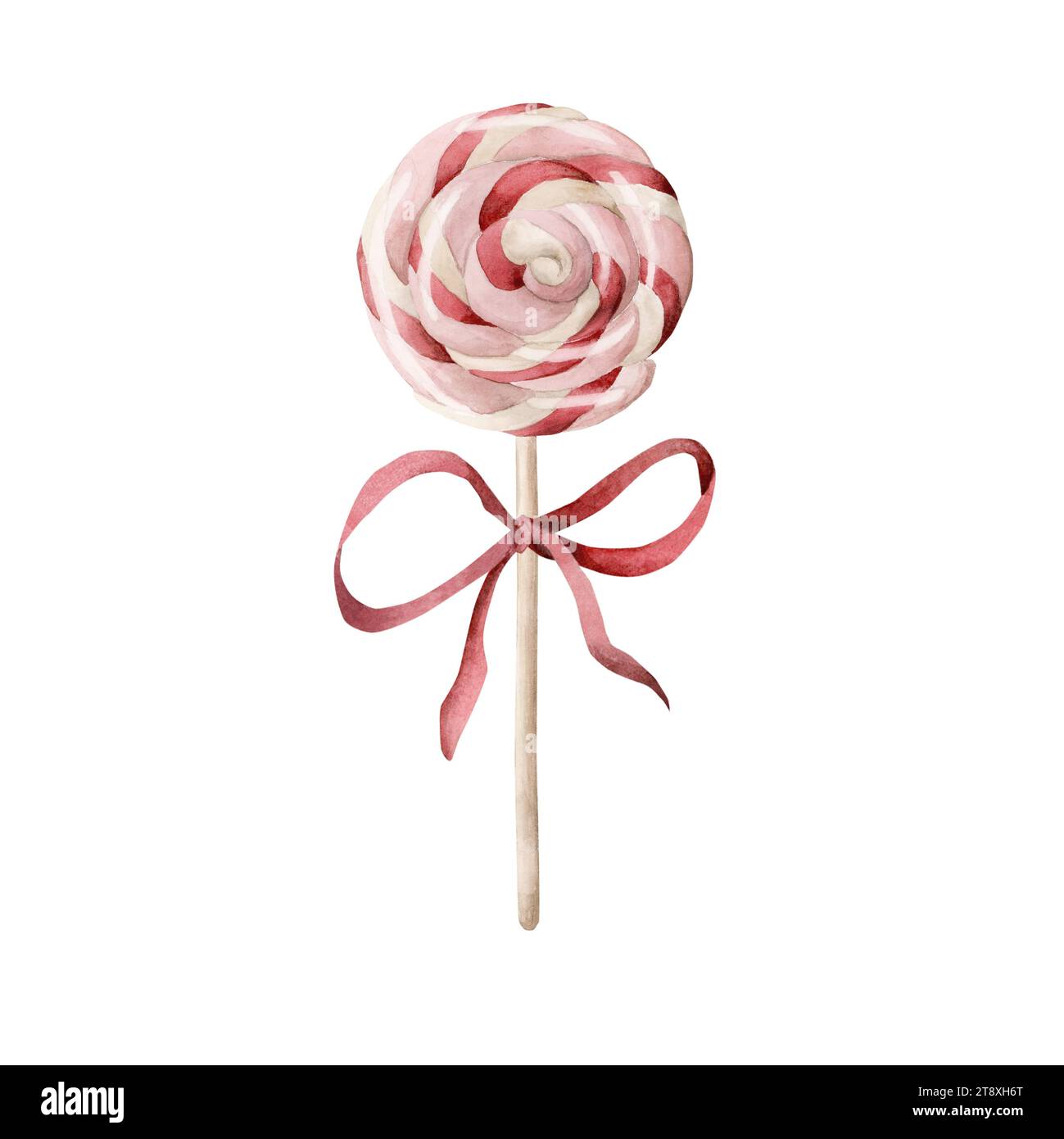 Christmas candy lollipop with red ribbon bow. Watercolor illustration ...