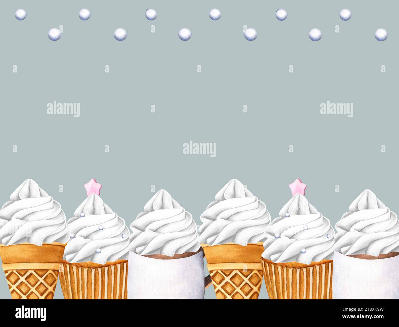 Frame from set of watercolor illustrations sweet desserts. Ice creams ...