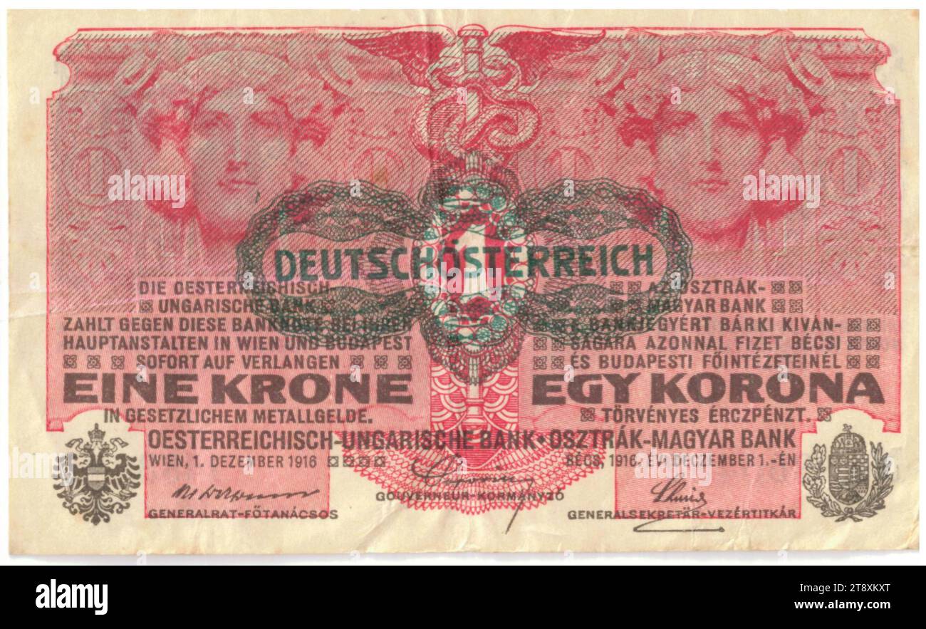 Banknote, 1 crown, Alois Hans Schram (1864-1919), artist, Rudolf ...