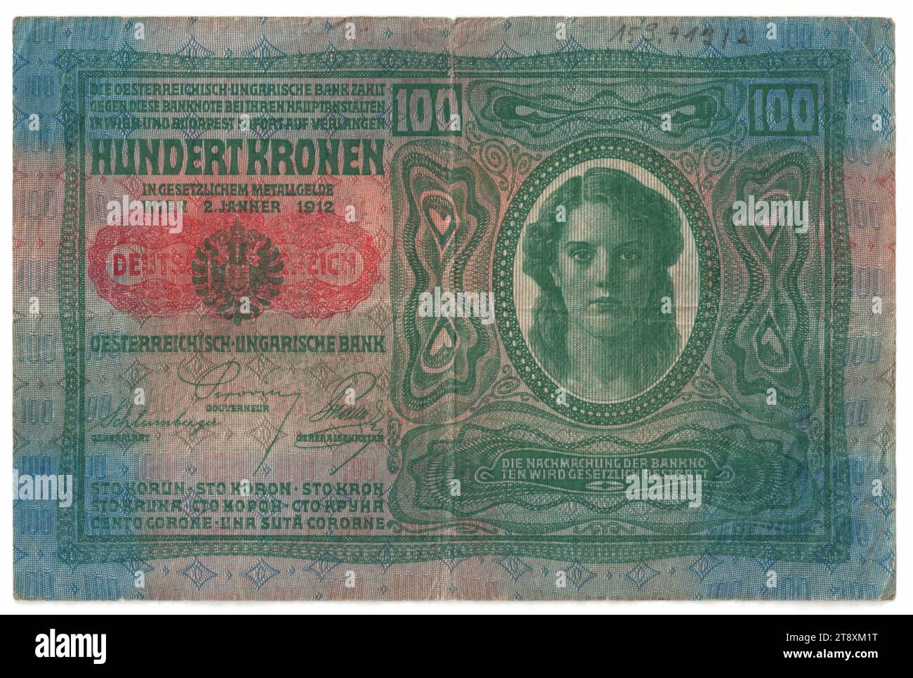 Banknote, 100 crowns, Austro-Hungarian bank, mint authority, Josef ...