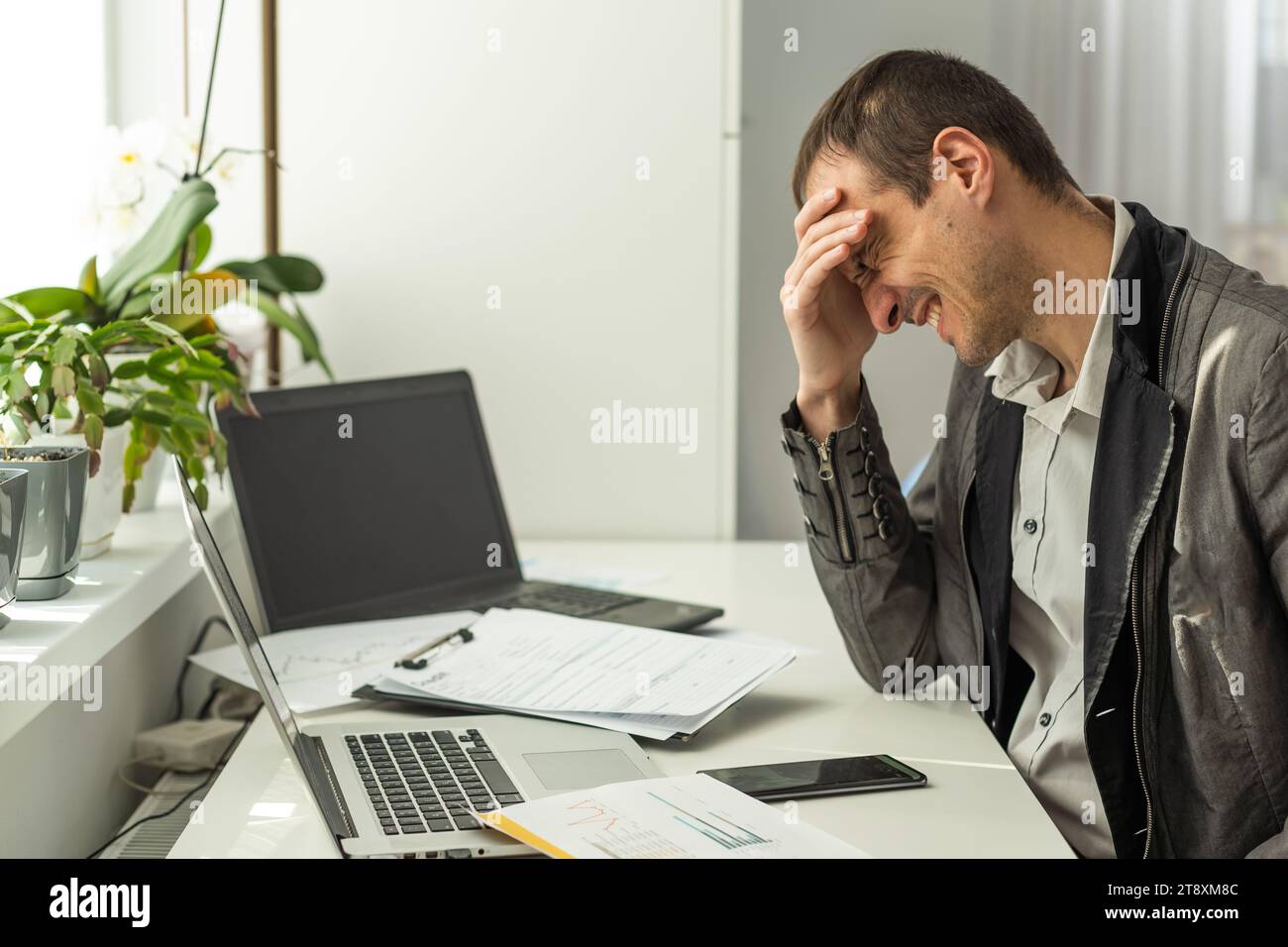 Frustrated overworked caucasian businessman, entrepreneur, product ...