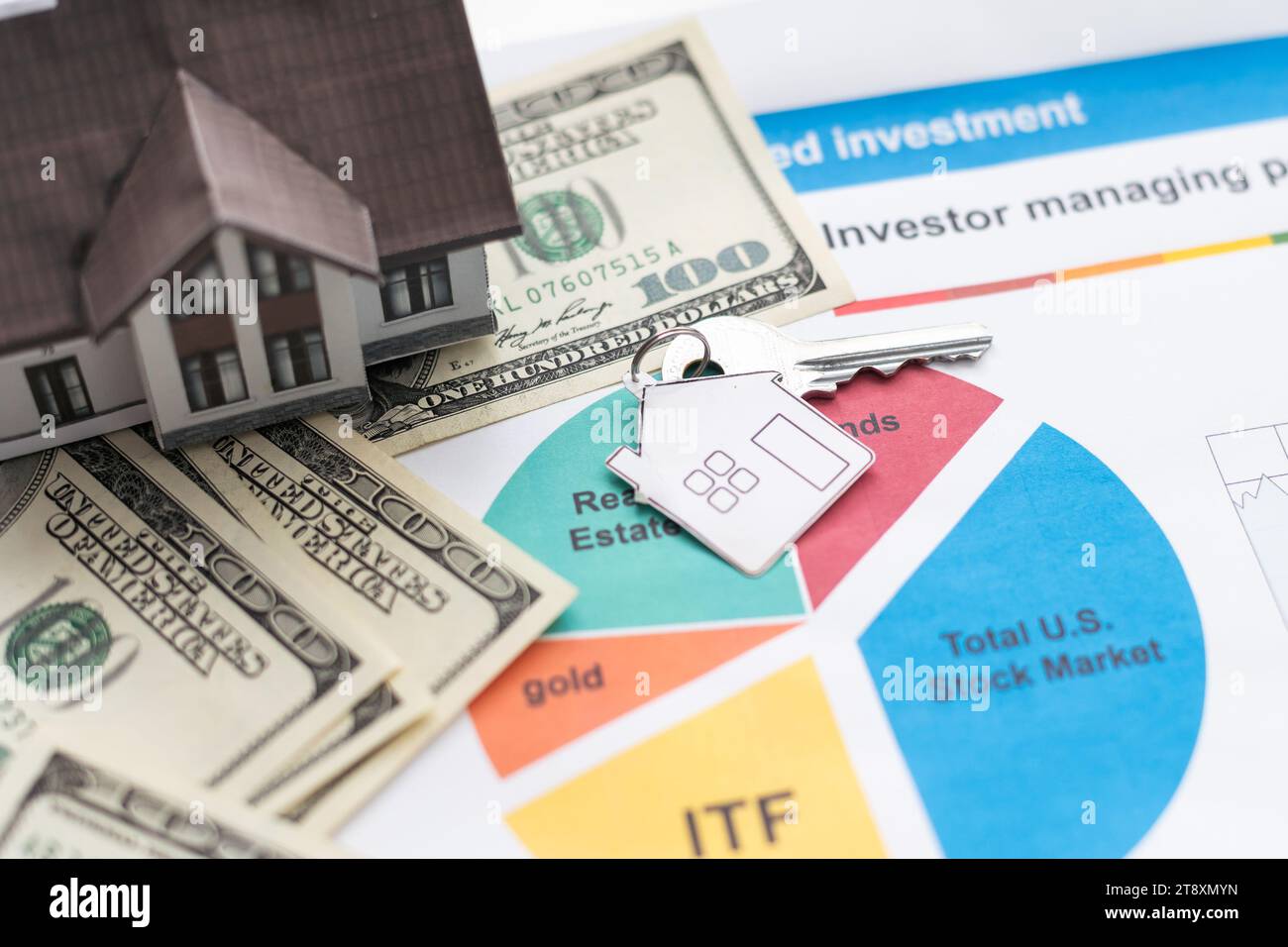 Model of house with money and charts. Real estate concept Stock Photo ...