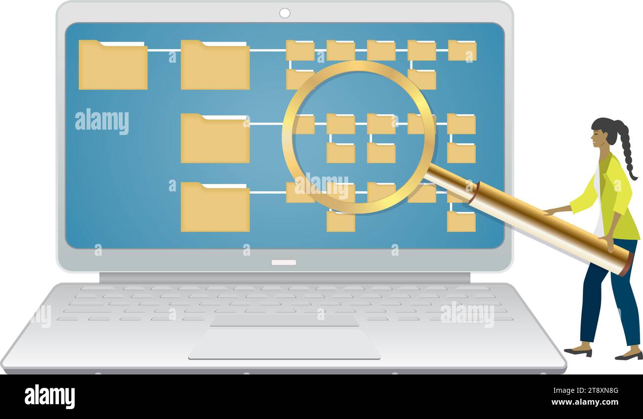 Woman with big magnifying glass trying to find in the file maps ...