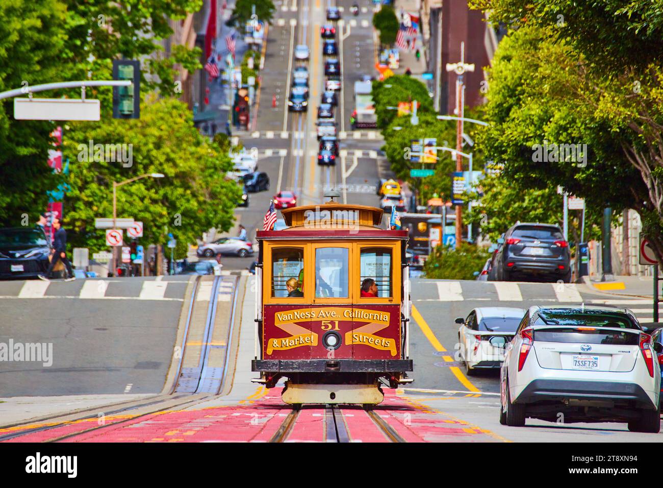 Backside of Van Ness Avenue trolley going downhill, San Francisco, CA ...